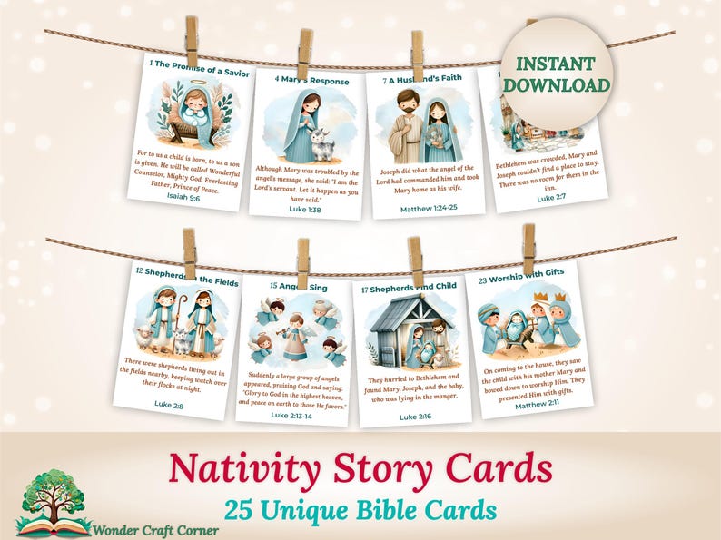 25 Nativity Story Cards for Kids, Bible Verse Christmas Flashcards ...