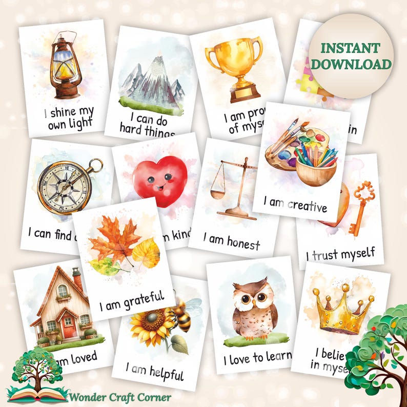 44 Affirmation Cards for Kids, Printable Positive & Motivational Cards ...