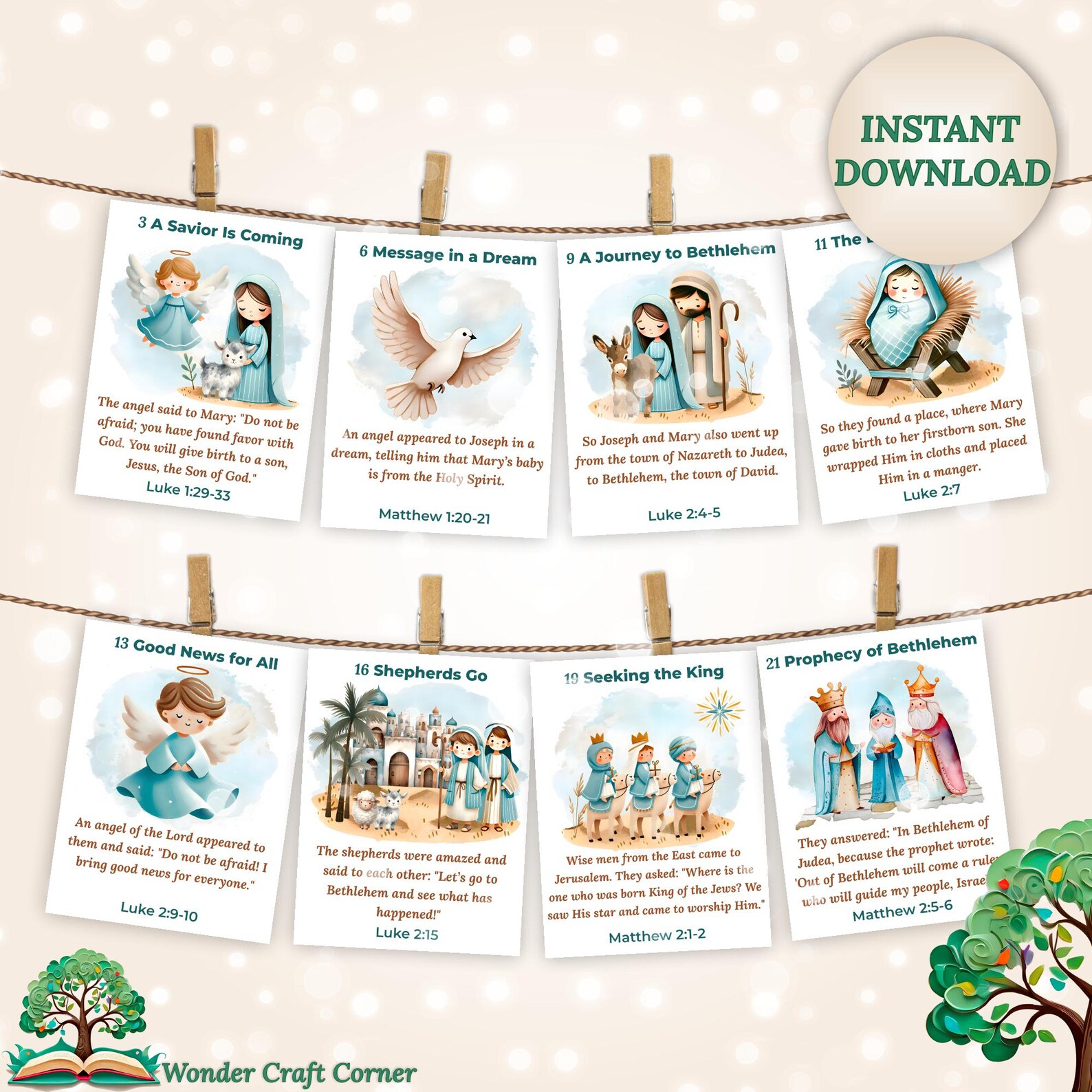 25 Nativity Story Cards for Kids, Bible Verse Christmas Flashcards ...