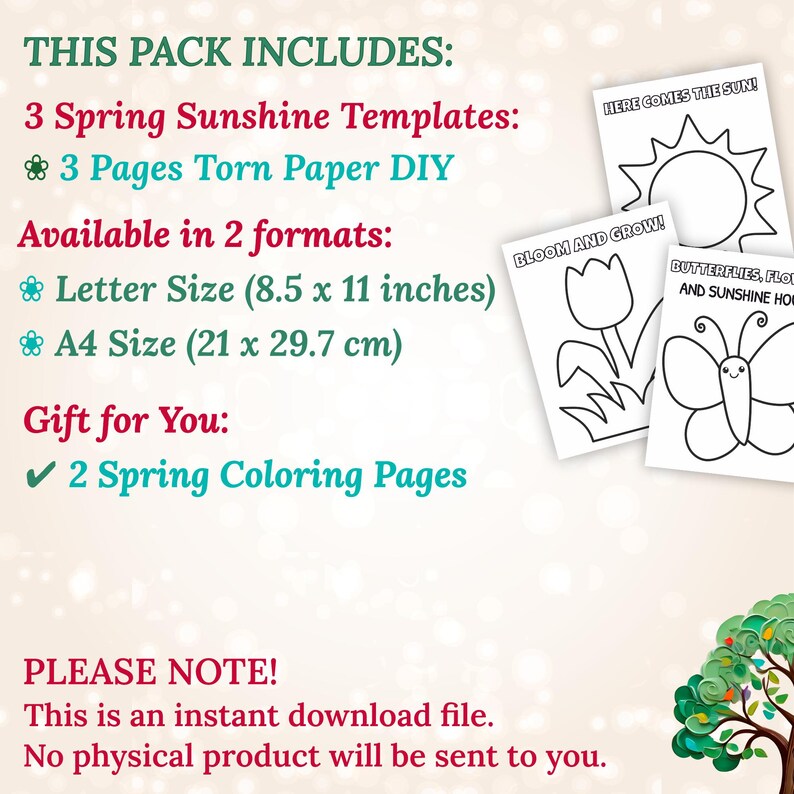 3 Spring Sunshine Templates, Printable Torn Paper Craft, Spring ...