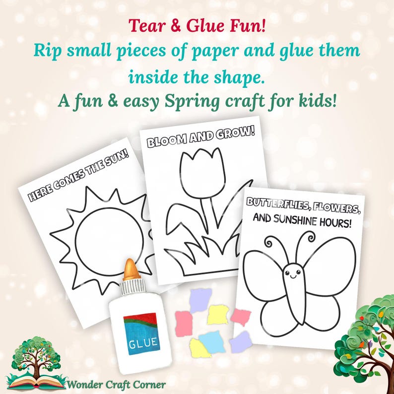 3 Spring Sunshine Templates, Printable Torn Paper Craft, Spring ...