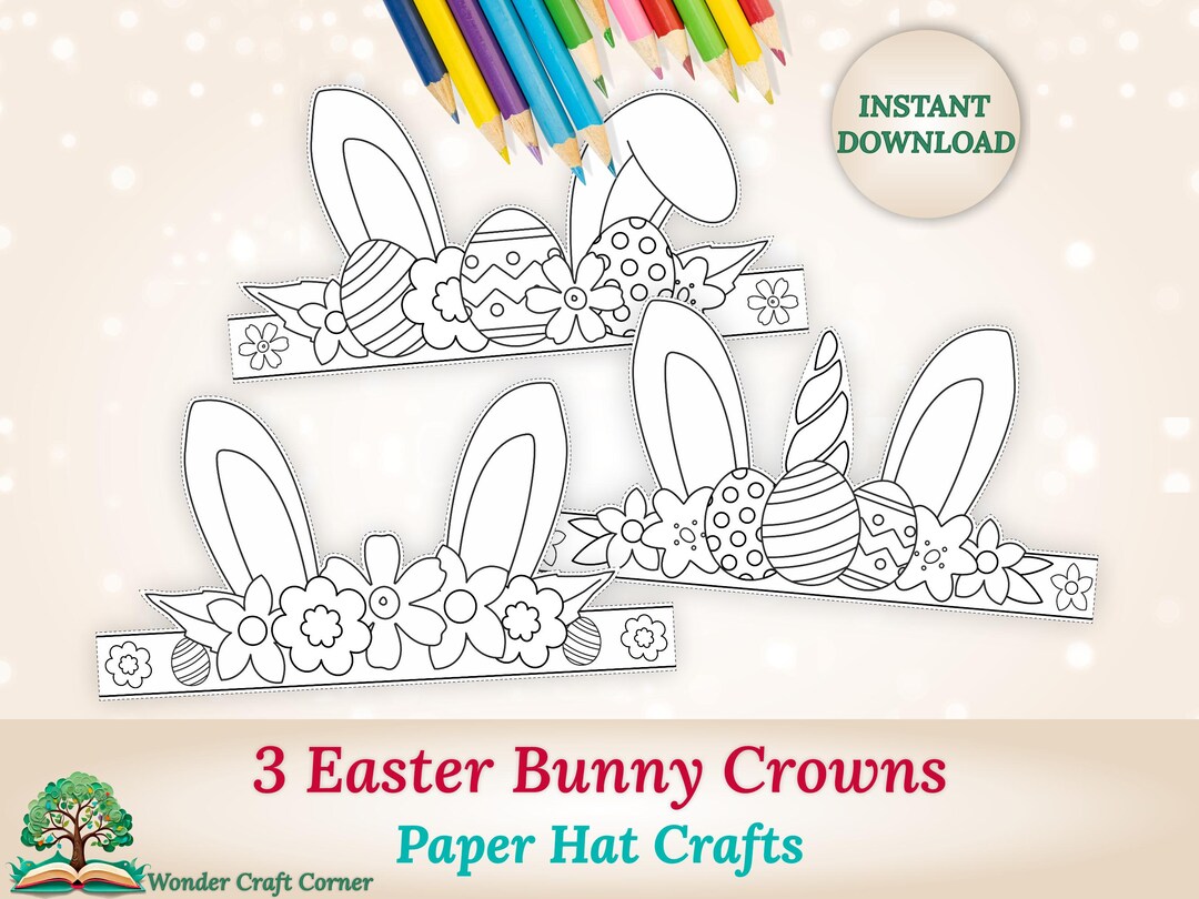 3 Easter Bunny Paper Crowns, Printable Easter Hat for Kids, Rabbit Ears ...
