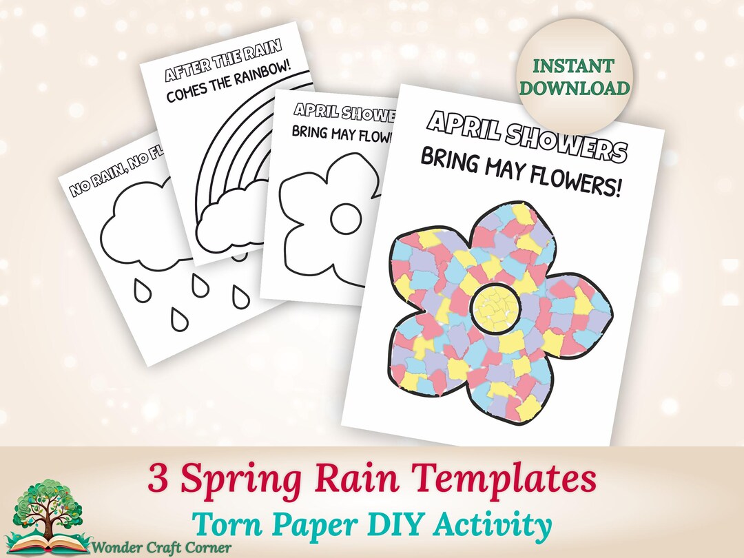 3 Spring Rain Templates, Printable Torn Paper Craft, April Showers ...
