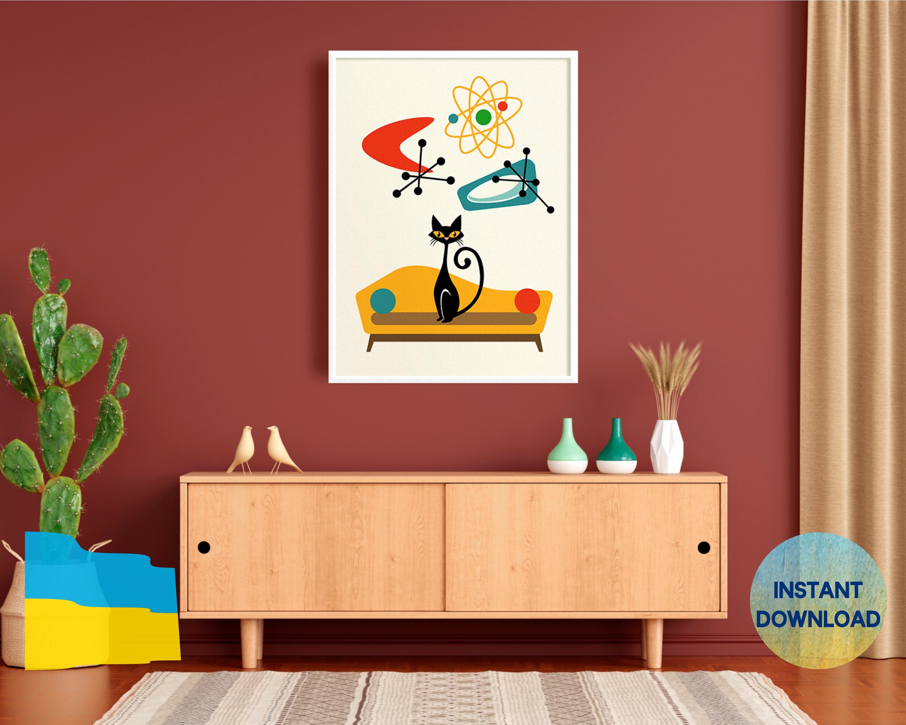 Black Cat Mid Century Modern Printable Wall Art, Mid Century Wall Art ...
