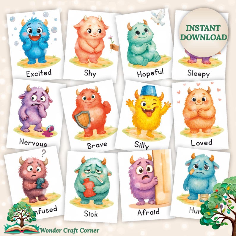 32 Monster Feelings Cards, Printable Emotion Flashcards for Kids ...