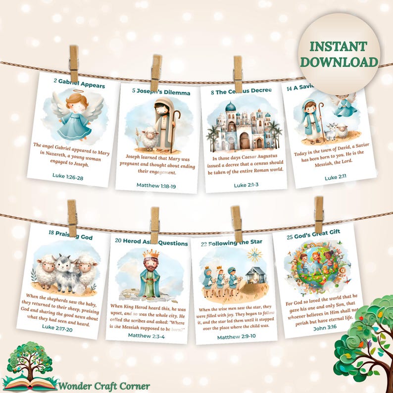 25 Nativity Story Cards for Kids, Bible Verse Christmas Flashcards ...
