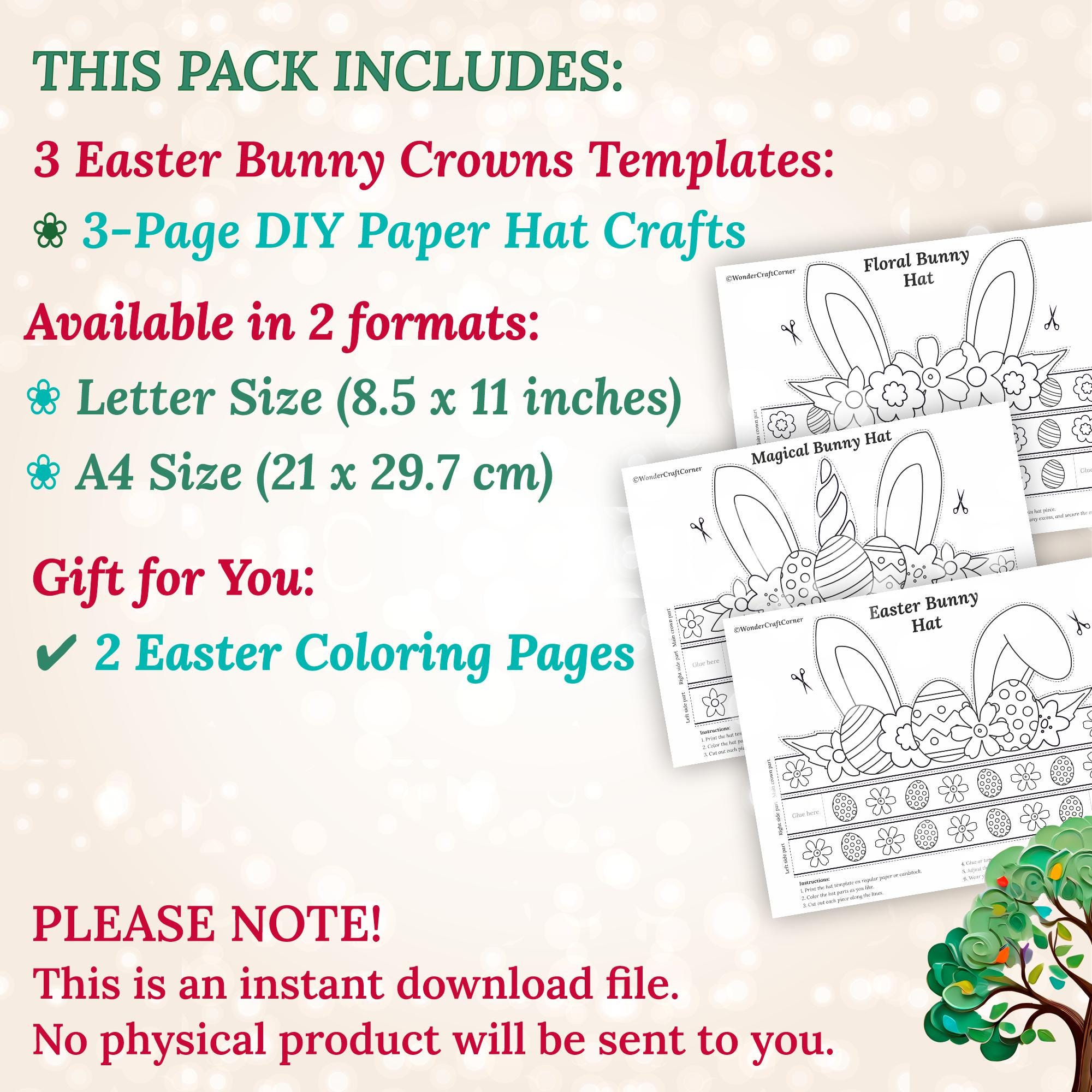 3 Easter Bunny Paper Crowns, Printable Easter Hat for Kids, Rabbit Ears ...