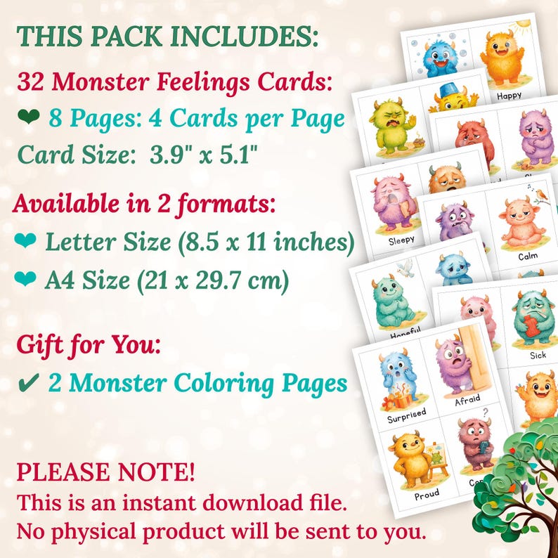 32 Monster Feelings Cards, Printable Emotion Flashcards for Kids ...