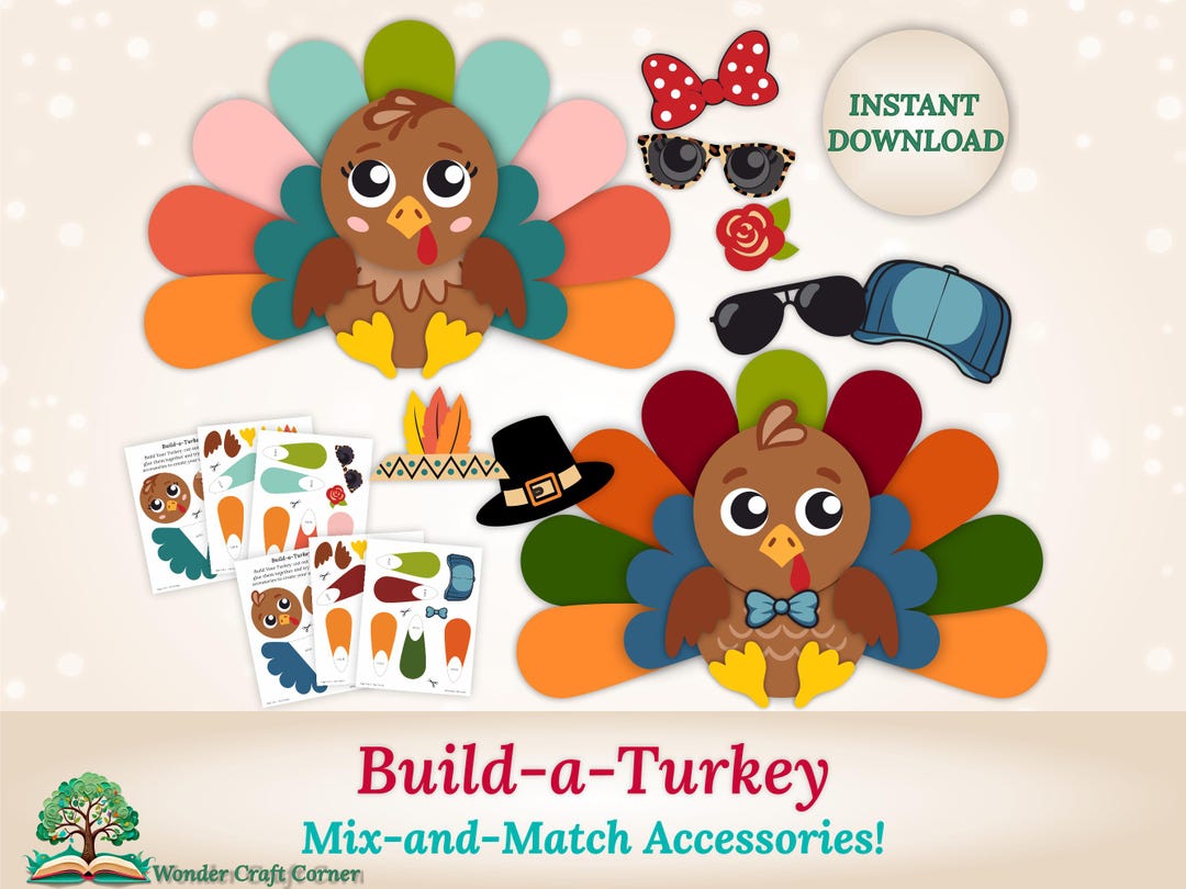Build a Turkey Craft for Boys & Girls, Printable Thanksgiving Fall ...