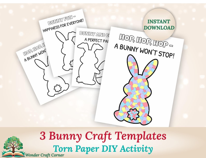 3 Bunny Templates, Printable Easter Craft, Torn Paper Kids Activity for ...