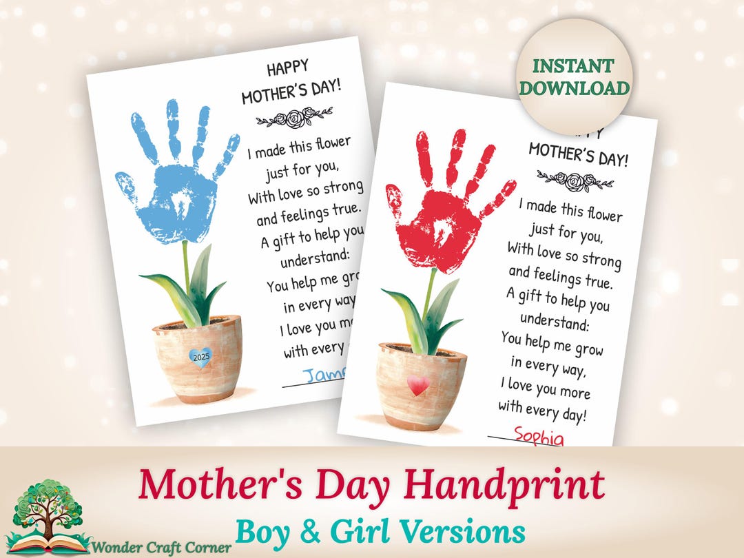 Mother’s Day Handprint Craft, Printable Flower Poem Art for Kids, DIY ...