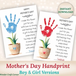 Mother’s Day Handprint Craft, Printable Flower Poem Art for Kids, DIY ...