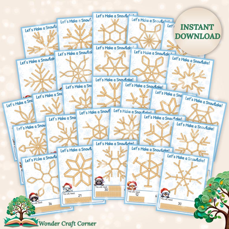 Popsicle Stick Snowflake Patterns | 28 Winter Craft Cards | Fine Motor ...