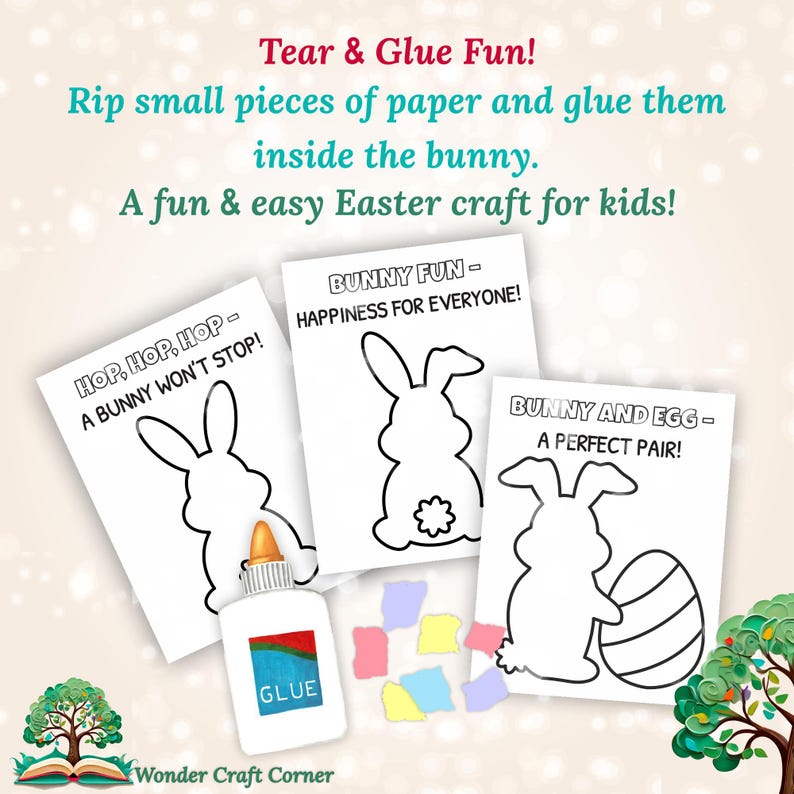3 Bunny Templates, Printable Easter Craft, Torn Paper Kids Activity for ...