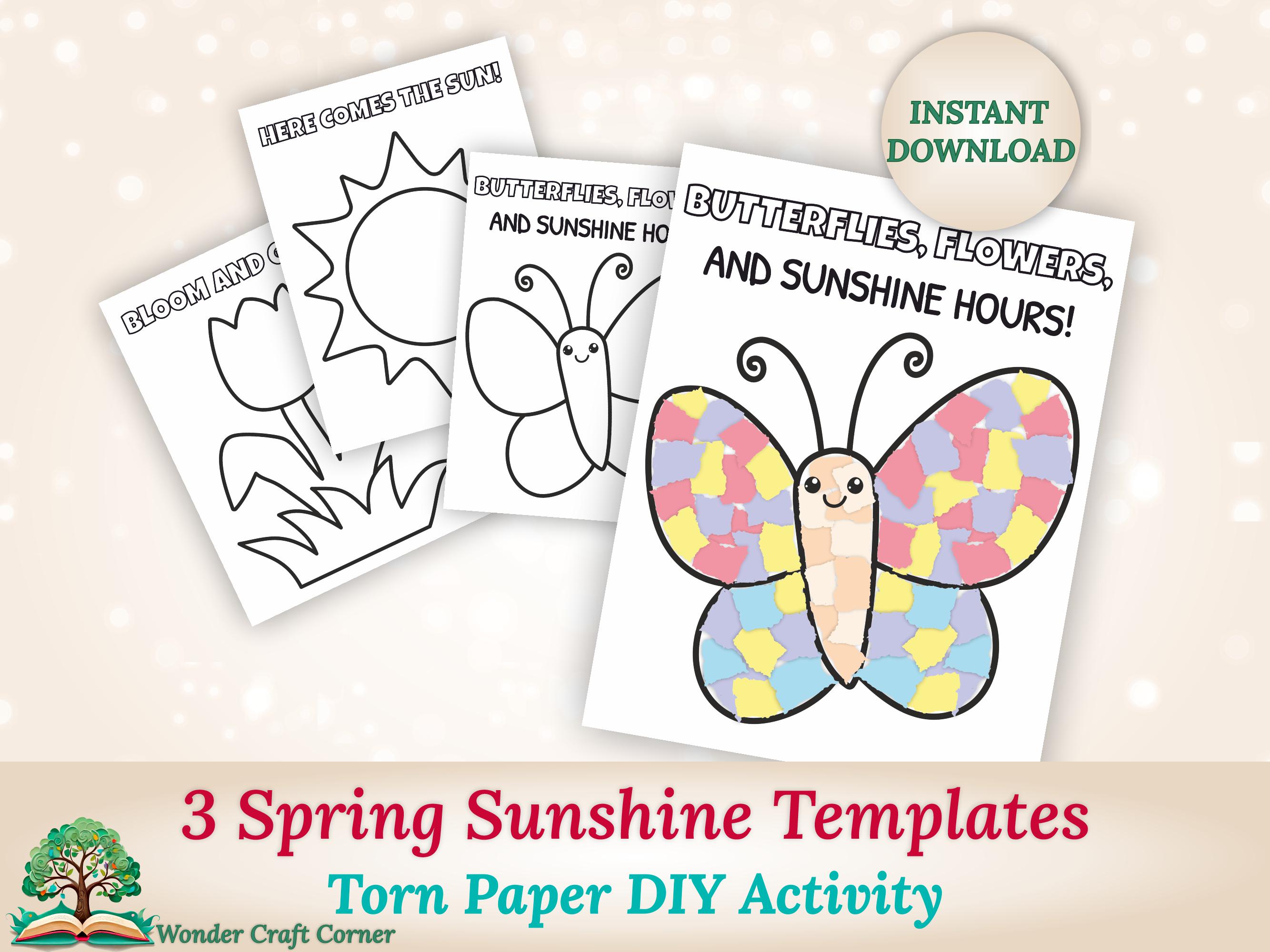 3 Spring Sunshine Templates, Printable Torn Paper Craft, Spring ...
