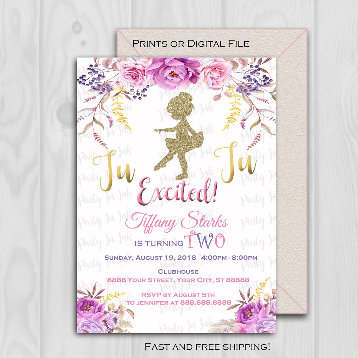 Tutu Excited Birthday Invitation, Flowers, Gold Glitter, 5x7, Prints or ...