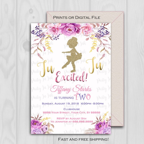 Tutu Excited Birthday Invitation Flowers Gold Glitter 5x7 | Etsy