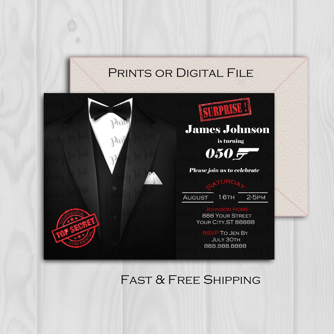 Man Tuxedo Birthday Invitation, Black Tie,suit and Tie, Top Secret, 5x7 ...