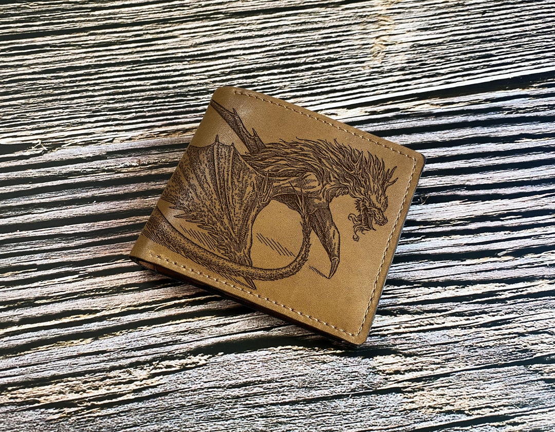 Dragon Drawing Leather Bifold Wallet, Dragon Gift Ideas for Him ...