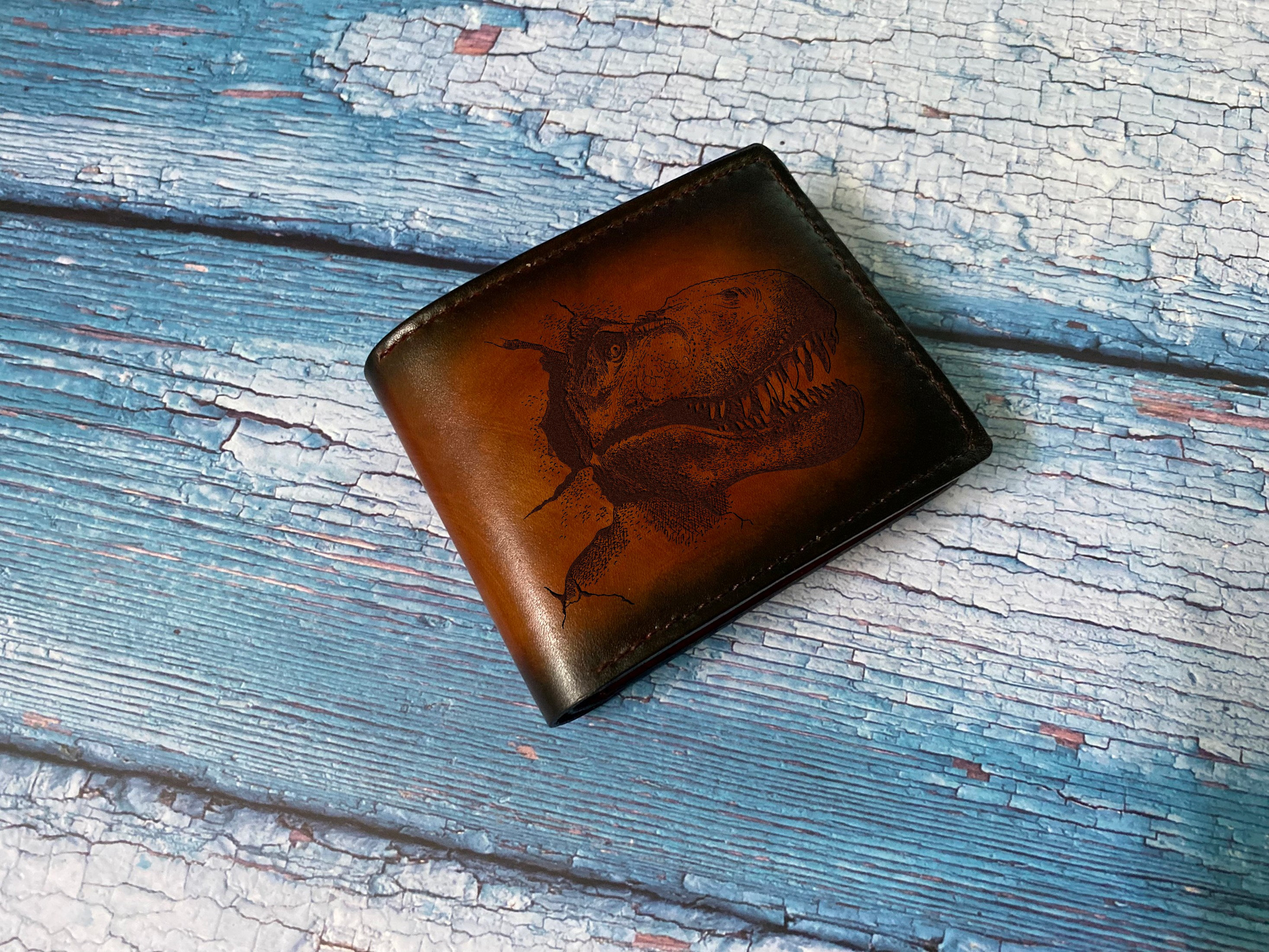Dinosaur Head Drawing Leather Wallet T Rex Predator Engrave - Etsy