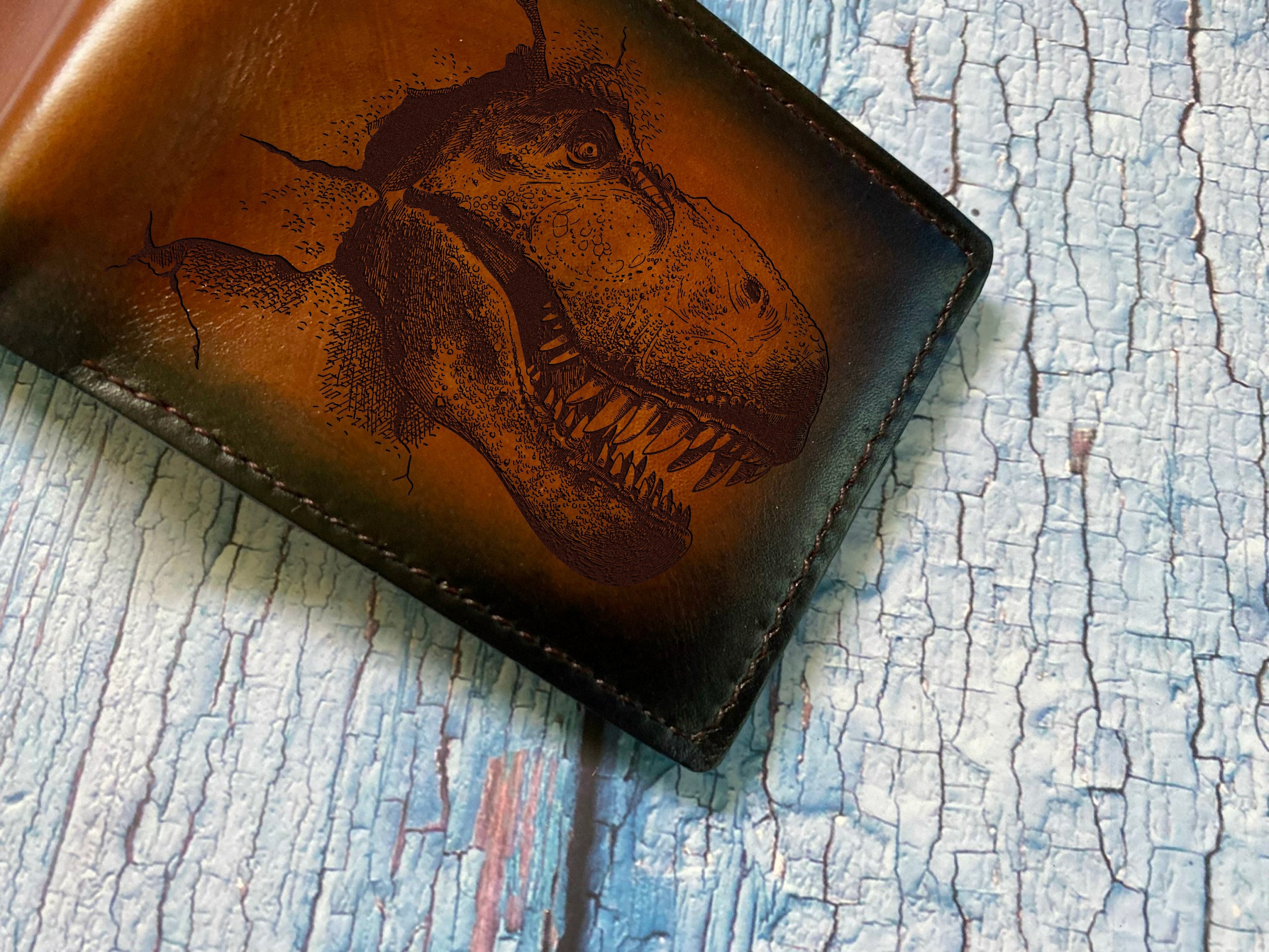 Dinosaur Head Drawing Leather Wallet T Rex Predator Engrave - Etsy