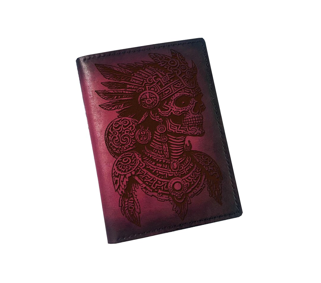 Engraved Leather Passport Wallet, Maya Inca Death God, Custom Travel ...