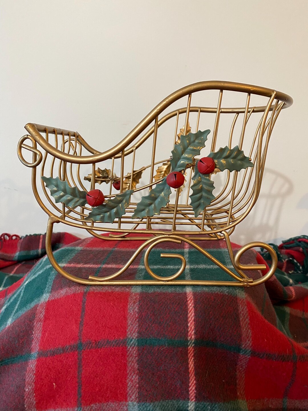 Vintage Gold Metal Sleigh With Green Holly Leaves and Red Berry Bells ...