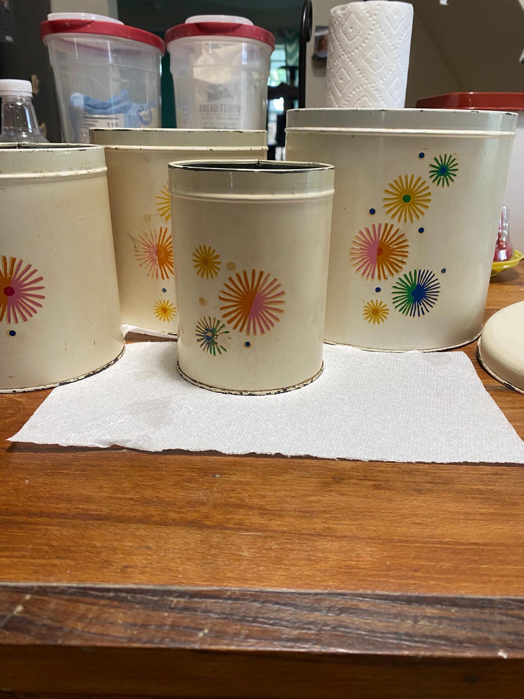 MCM Cream Atomic Pattern Metal Canister Set. (4) Starburts and Dots Are ...