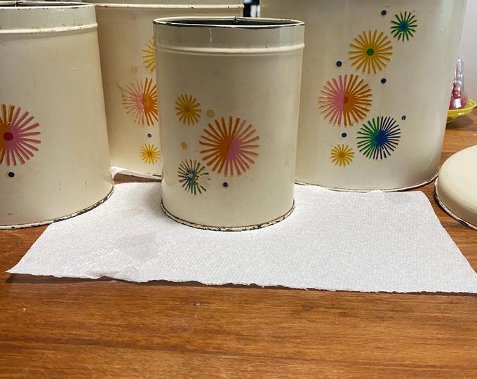 MCM Cream Atomic Pattern Metal Canister Set. (4) Starburts and Dots Are ...