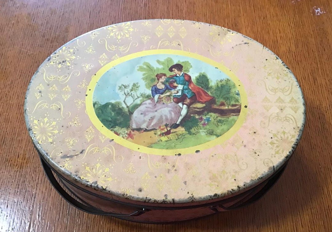 Vintage Oval Tin Sewing Basket: Victorian Couple Design - Etsy