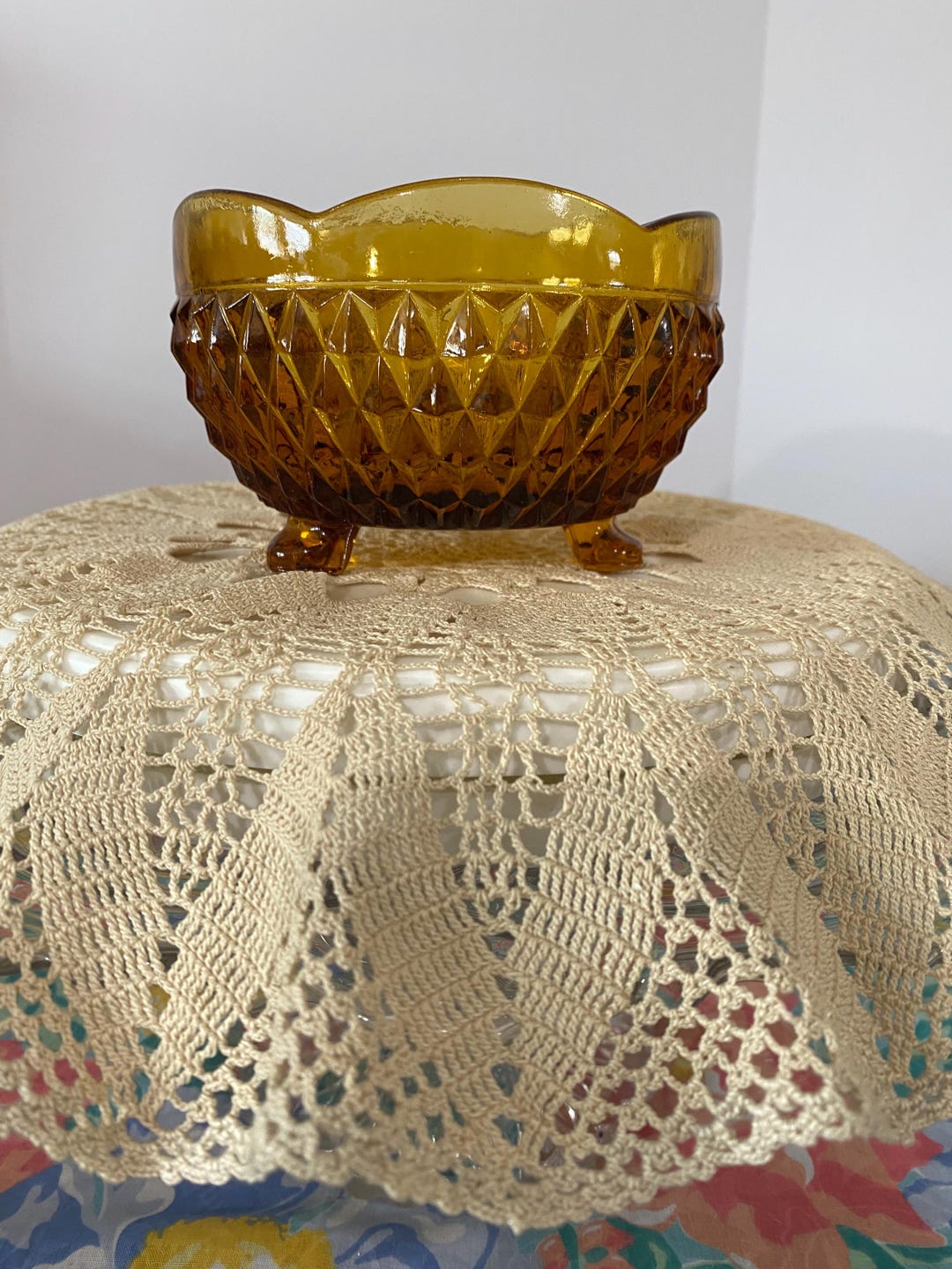 Vintage Diamond Point Amber Footed Fairy Lamp Base, Candy Dish. - Etsy