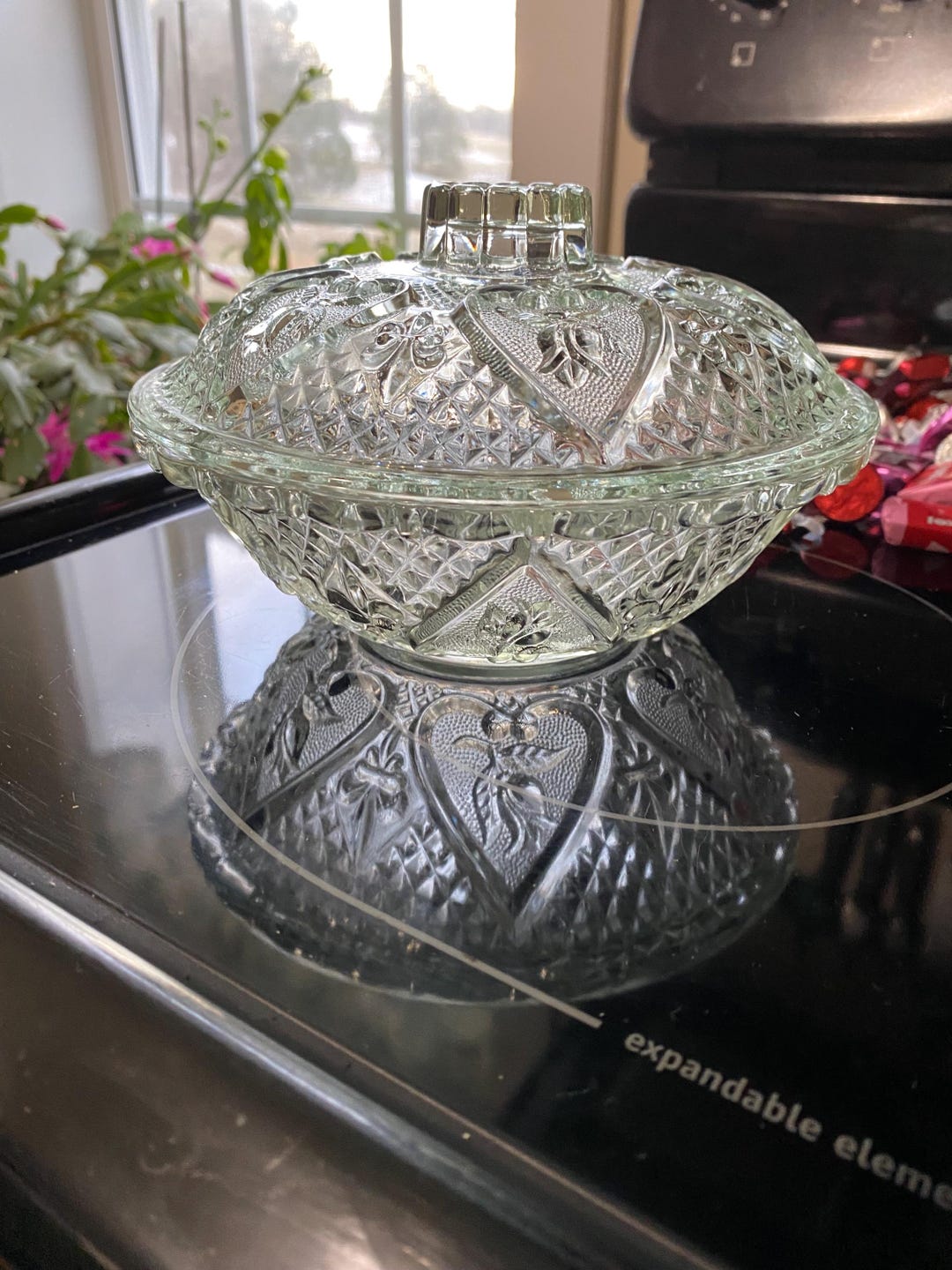 Vintage KIM Embossed Glass Candy Bowl With Matching Lid Hearts and ...