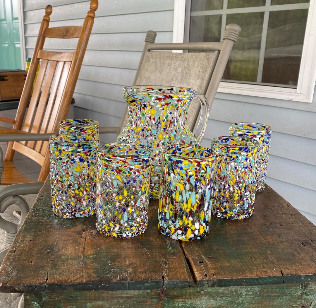 Vintage Hand Blown Pebble Glass Pitcher and 6 Matching Glasses. Mexican ...