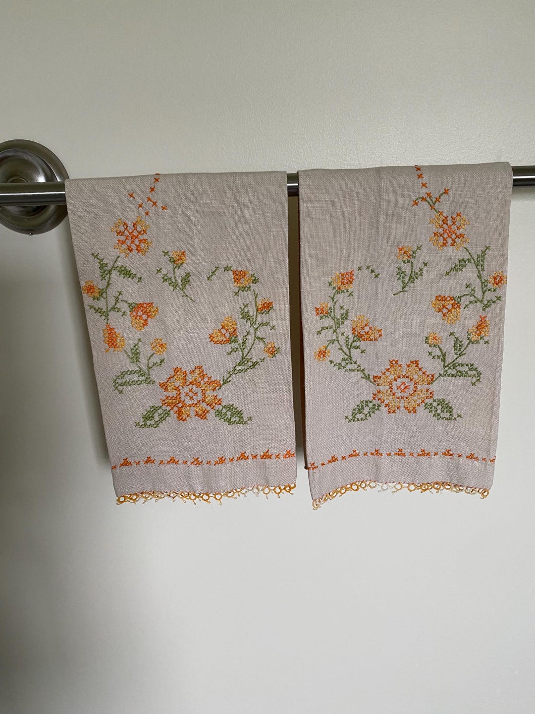 Vintage Linen Hand Towels: Fall Floral Cross Stitch & Tatting Lace - Etsy
