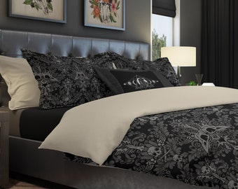 Macabre Victorian Bedding Damask Bones Goth Skull Duvet Cover Pillow Sham for King Queen or Twin bed. Spooky Dark Academia bedroom accent
