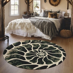 Gothic Ammonite Rug, Spooky Skull Spiral Fossil Round Watercolor Area ...