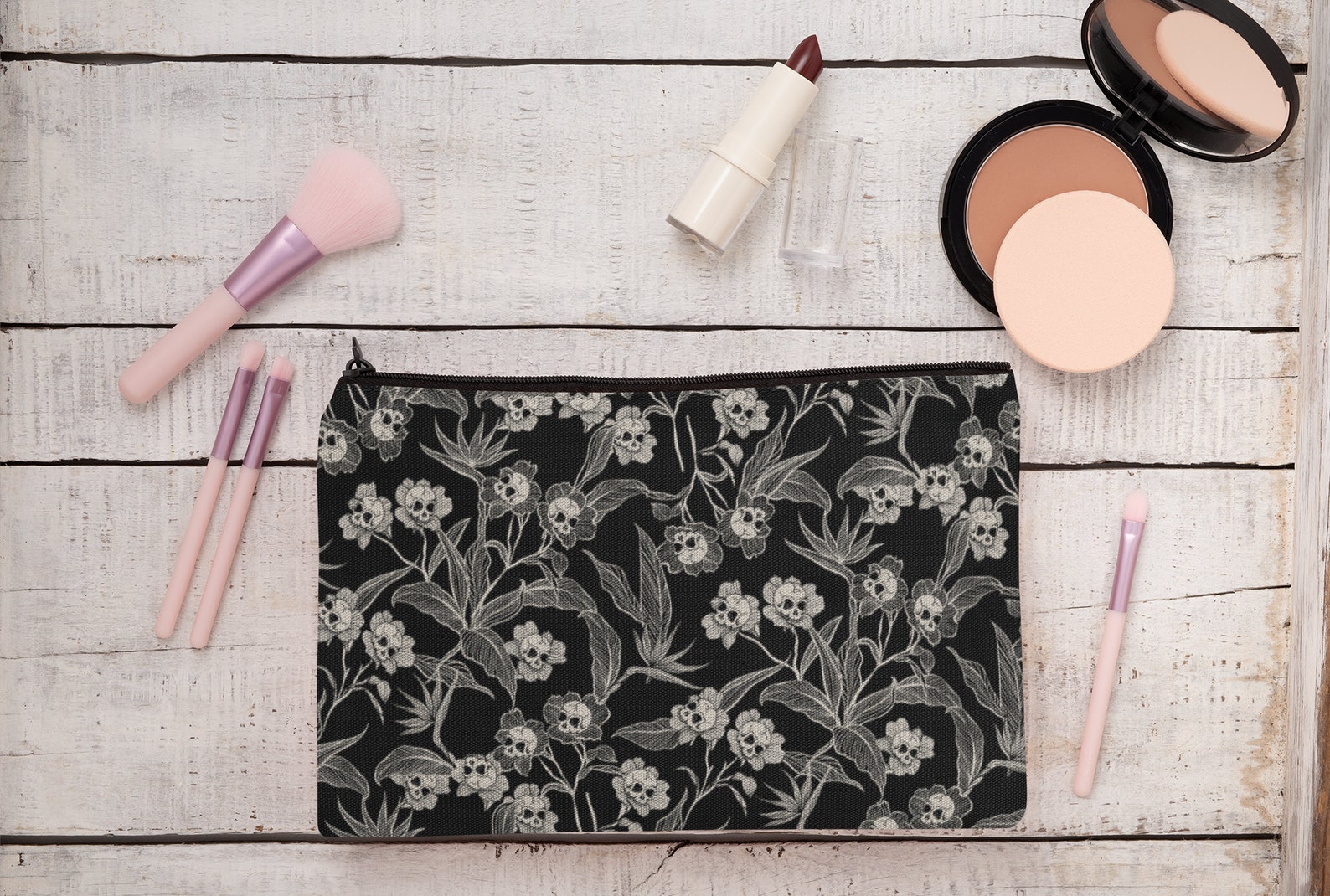 Gothic Floral Pouch, Spooky Skull Flower Accessory Clutch, Makeup Tote ...
