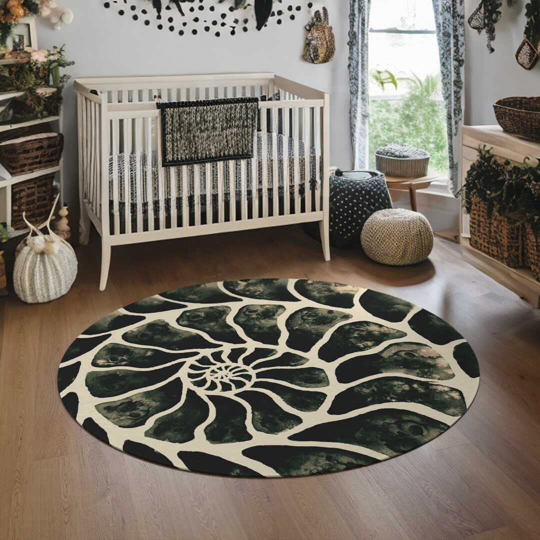 Gothic Ammonite Rug, Spooky Skull Spiral Fossil Round Watercolor Area ...