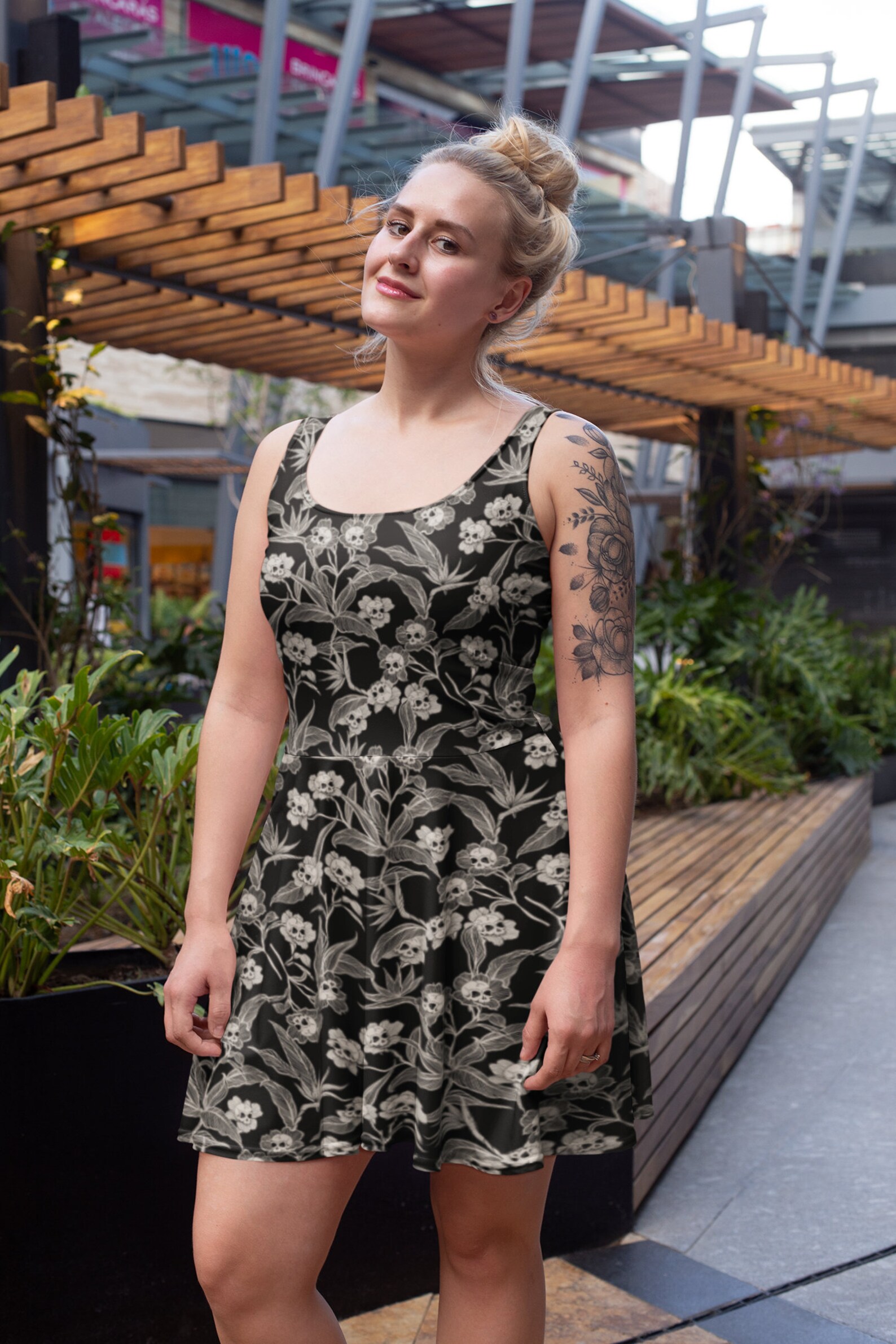 Gothic Floral Dress, Death Flowers Skater Dress, Spooky Tiki Tank Sun ...