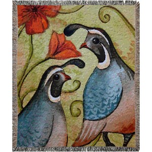 Quail Woven Blanket, Bird & Poppy Watercolor Cotton Throw Blanket ...