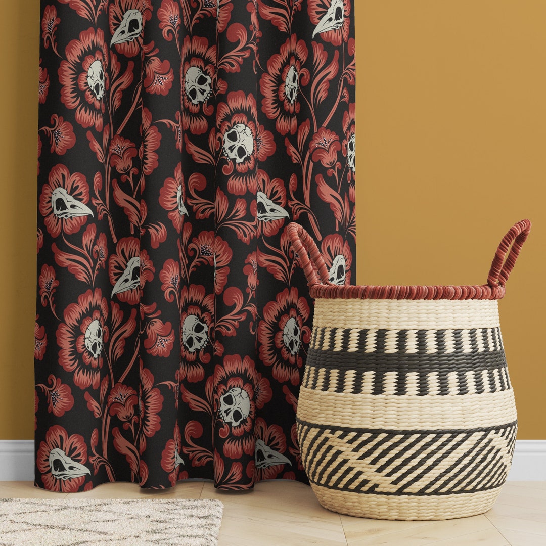 Victorian Goth Curtain, Spooky Macabre Red Skull Flower Blackout Window ...