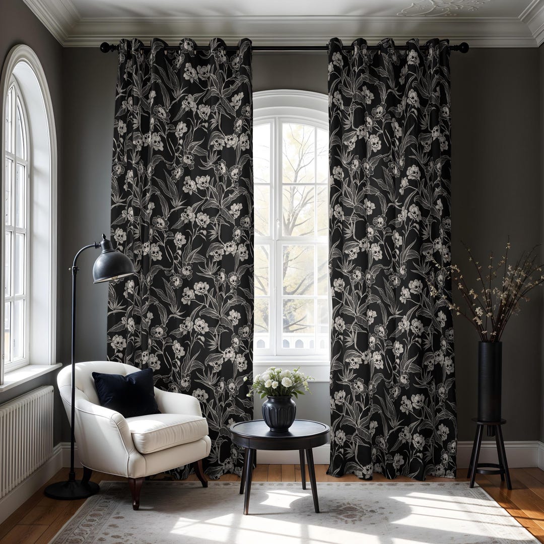 Gothic Floral Curtains, Two-piece Grommet Window Drapes W/ Moody Dark ...