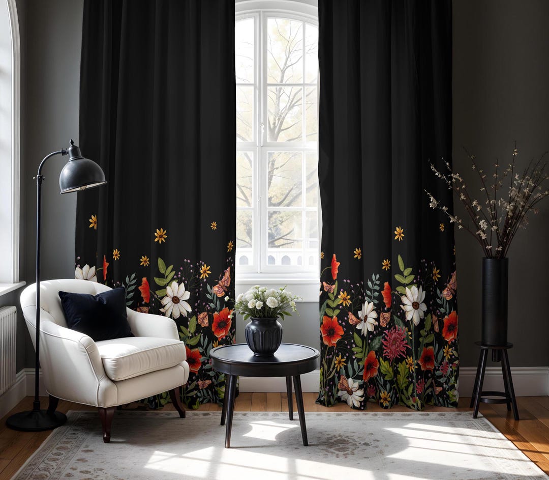 Moody Floral Goth Curtain, Gothic Window Drapes W/ Watercolor Flowers ...