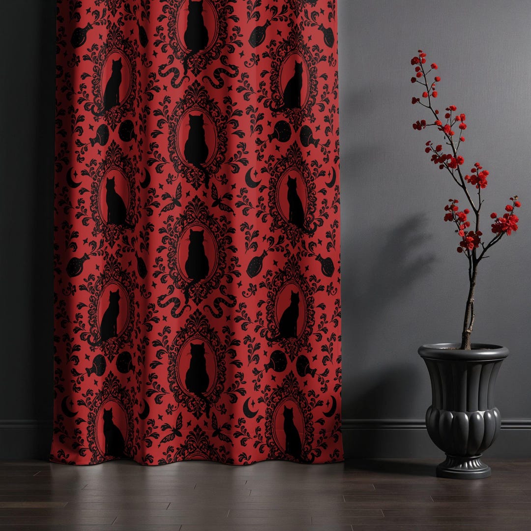 Gothic Cat Curtains, Two-piece Grommet Window Drapes Witchy Baroque ...
