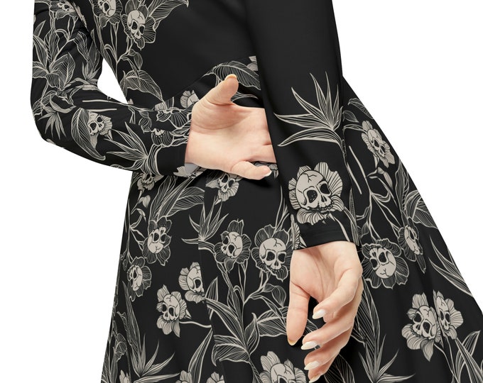 Gothic Floral Dress, Long Sleeve Skull Flower Maxi Dress for the Dark ...