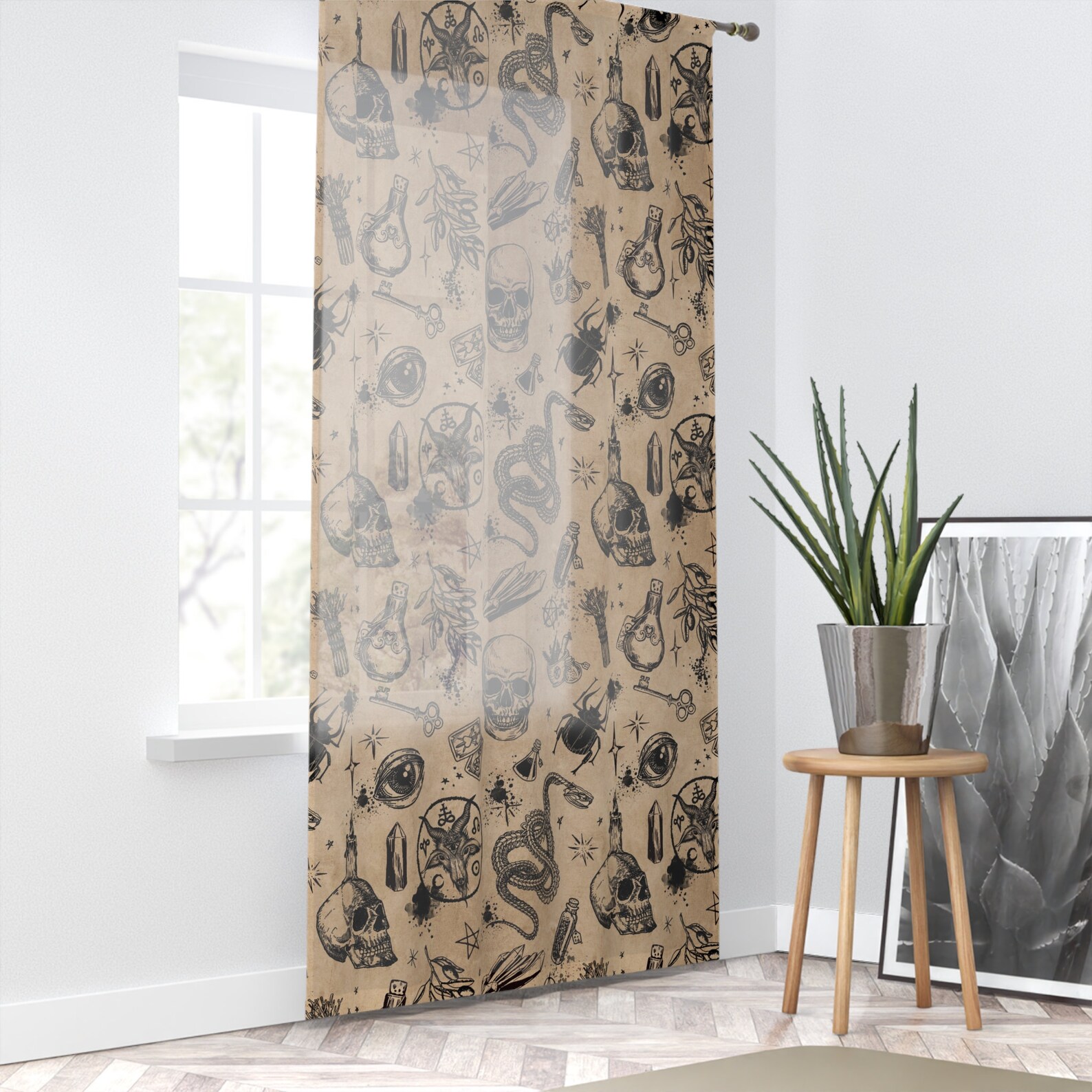 Occult Window Curtain, Beige Drapes W/ Esoteric Symbols, Skeletons, and ...