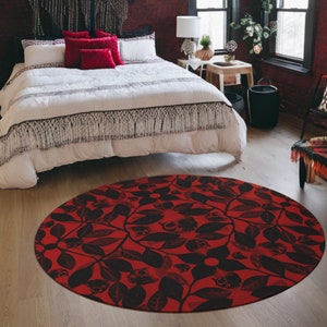 Red Watercolor Skull Rug, Round Gothic Macabre Botanical Watercolor ...