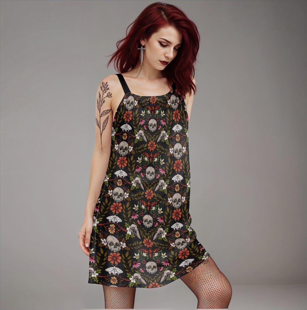 Dark Forest Cotton Dress, Gothic Floral O-ring Cami Sundress W Witchy ...