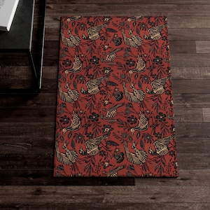 Fall Skeleton Area Rug, Macabre Linocut Botanical Folk Art Indoor ...