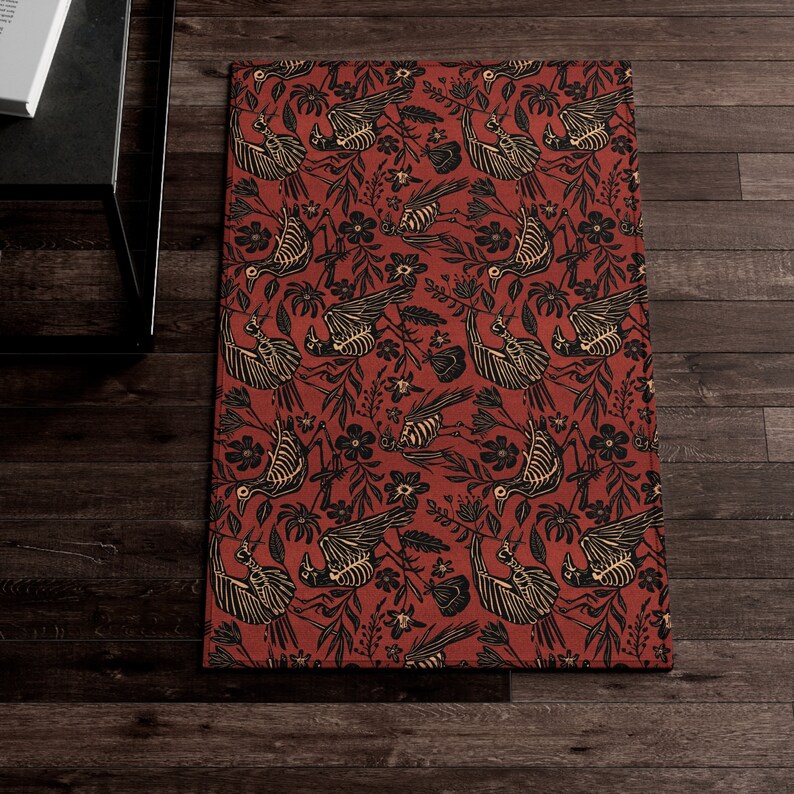 Fall Skeleton Area Rug, Macabre Linocut Botanical Folk Art Indoor ...